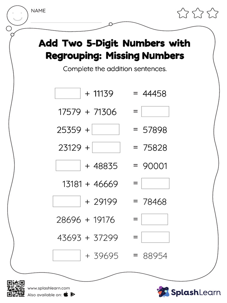 Add Two 5-Digit Numbers With Regrouping_ Missing Numbers Worksheet | PDF