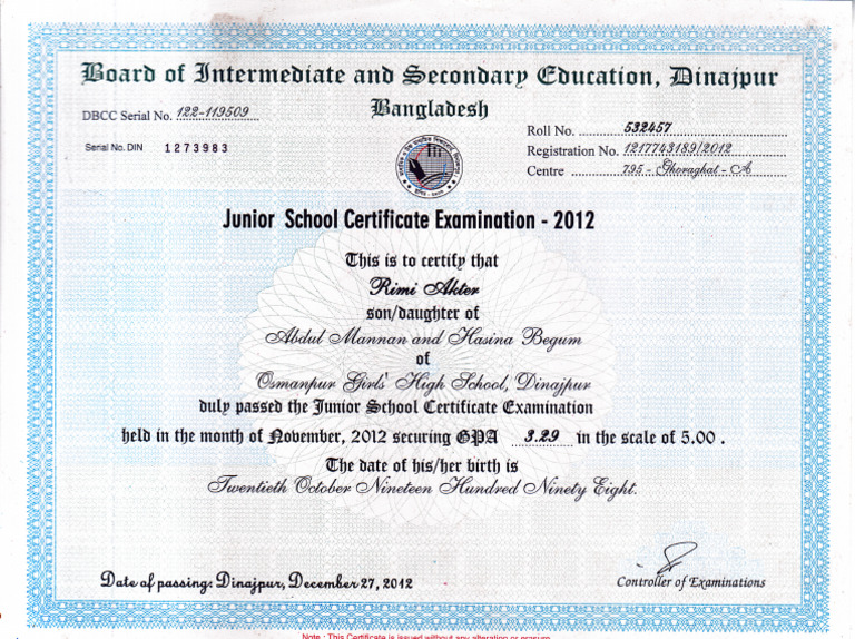 JSC Certificate | PDF