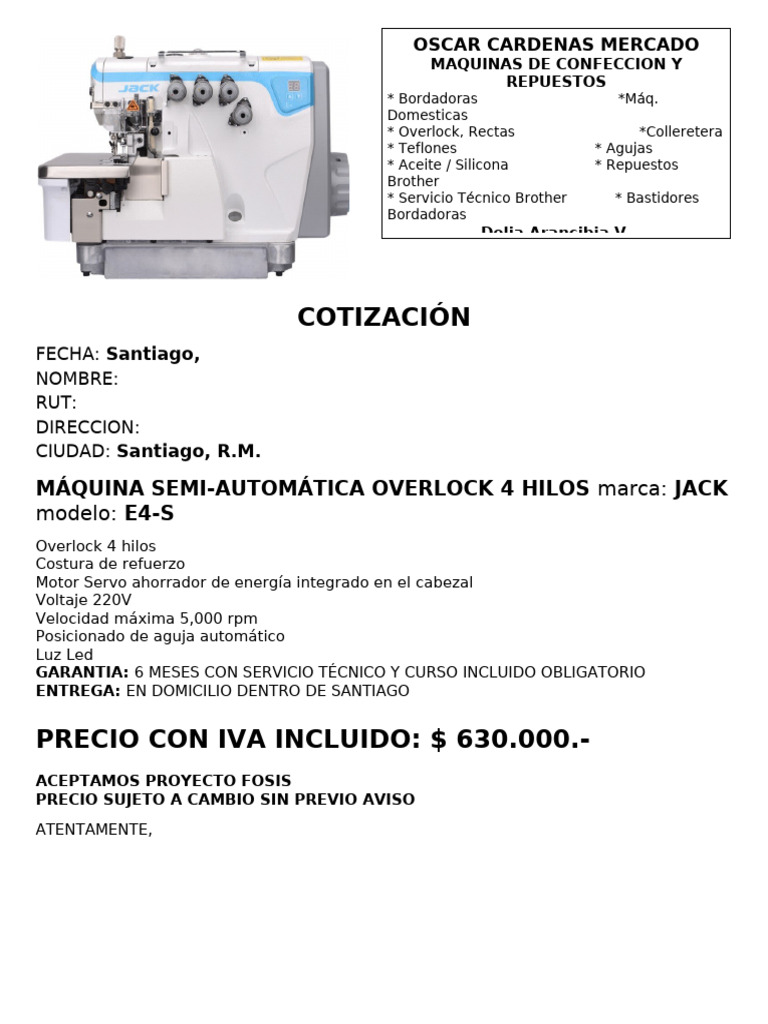 Cotizacion Overlock Jack E4s - 4 Hilos | PDF