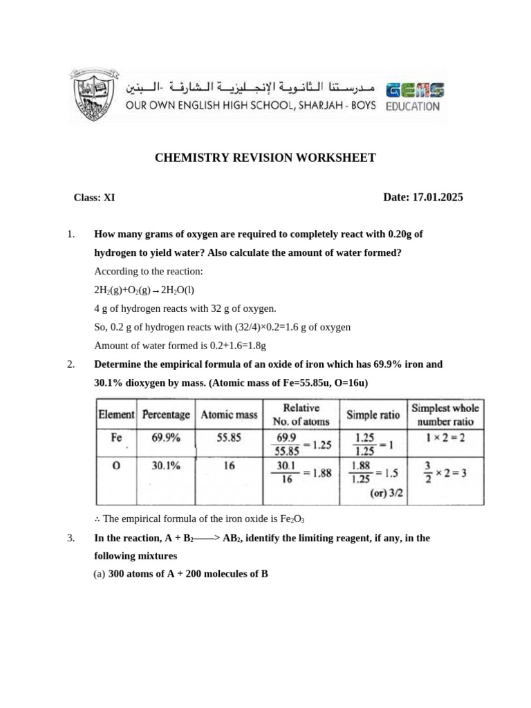 Chemistry Revision Worksheet-2025 With Ms | PDF | Ion | Alkene