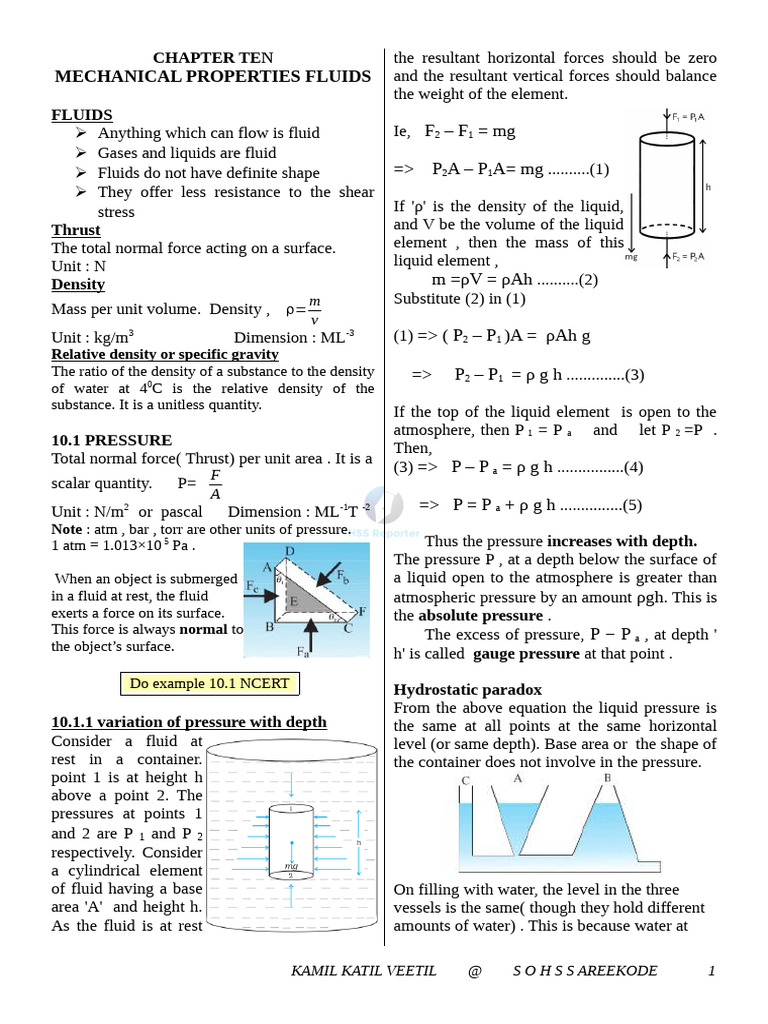HSSRptr-Chapter 10 Notes-Mechanical properties of fluids (2) | PDF ...