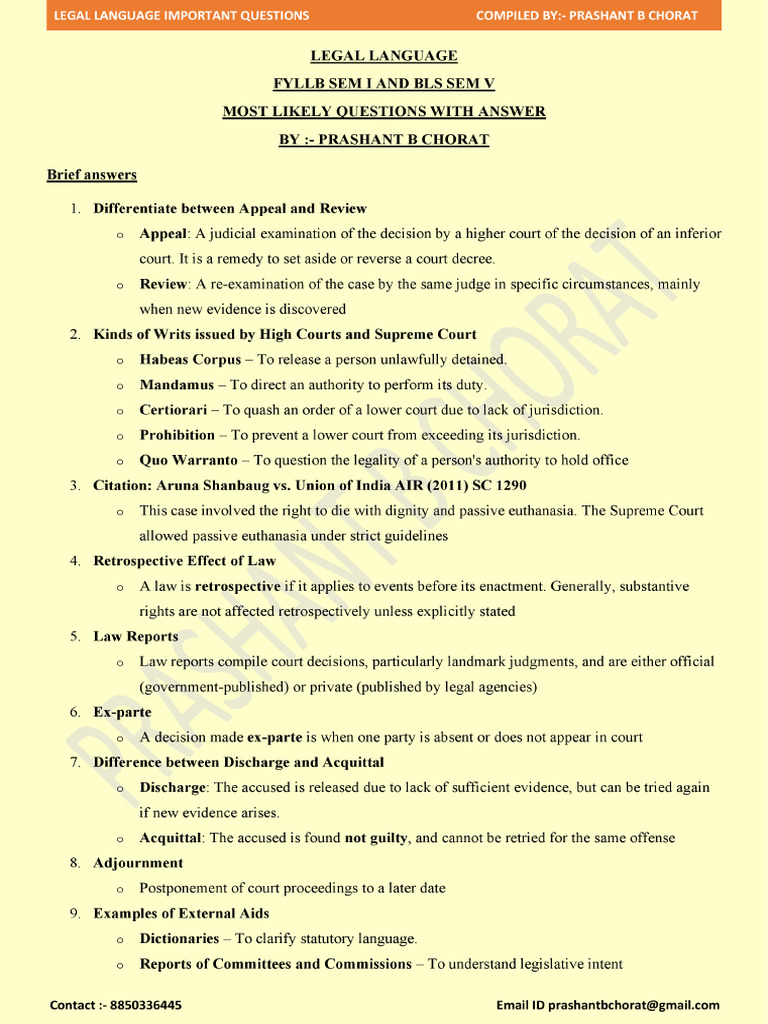 LEGAL LANGUAGE Answer by Prashant B Chorat | PDF