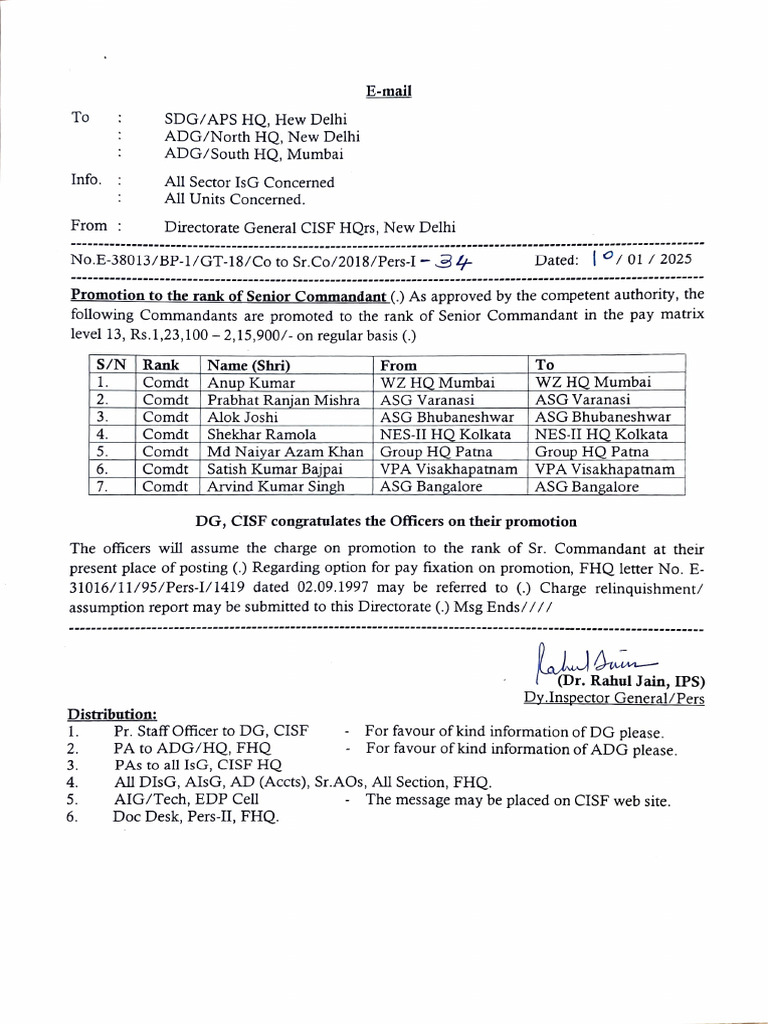 CISF Senior Commandant Promotion List | PDF