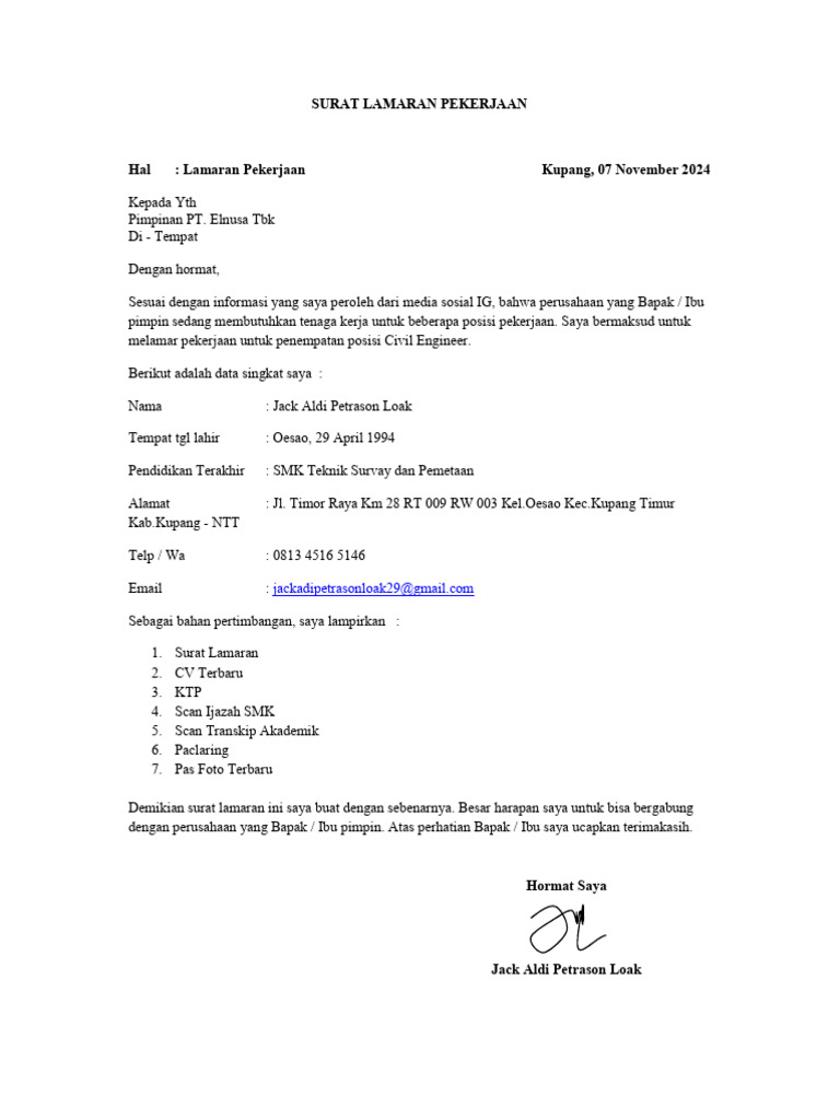 Lamaran Pekerjaan Civil Engineer Jack Aldi | PDF