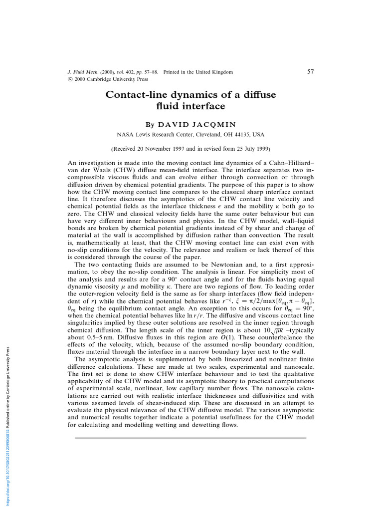 Contact Line Dynamics of A Diffuse Fluid Interface | PDF | Diffusion | Fluid Dynamics
