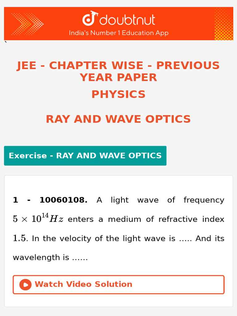 Jee Chapter Wise Previous Year Paper Class 12 Physics Ray and Wave ...