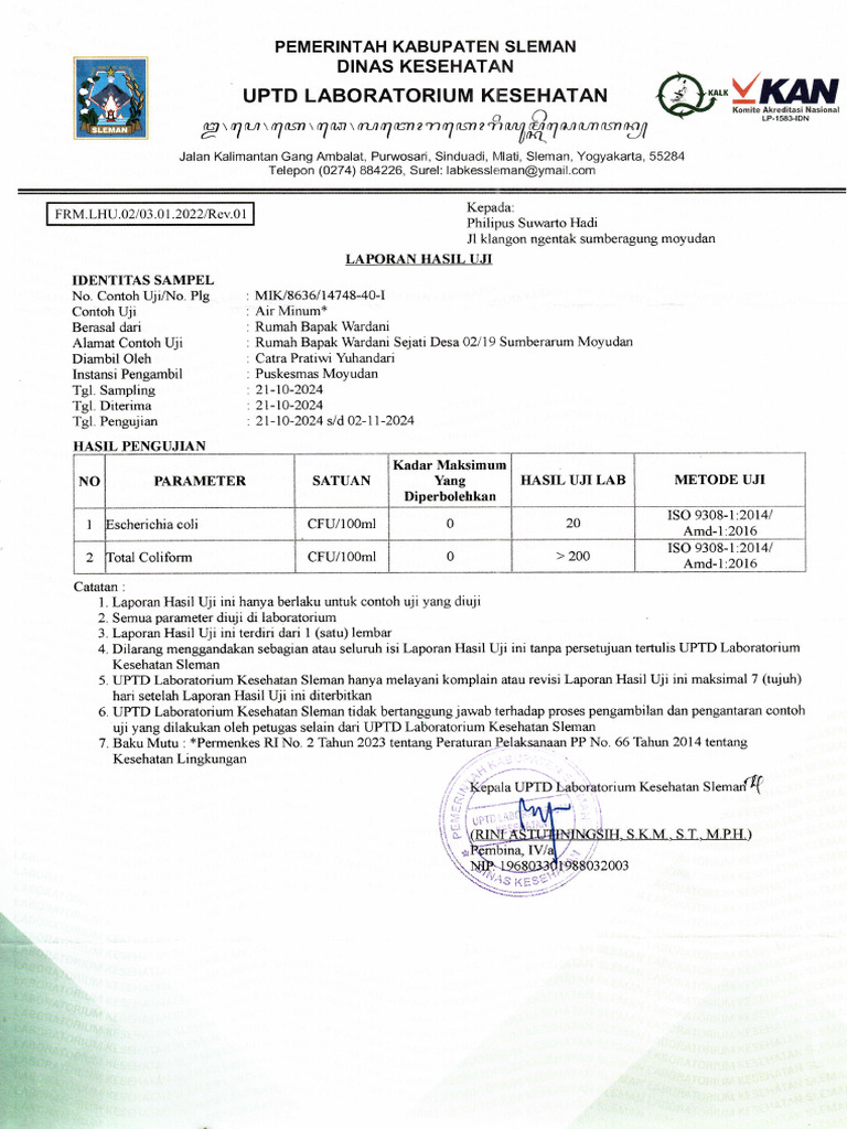 HASIL UJI LAB PASCA SUMBERARUM | PDF