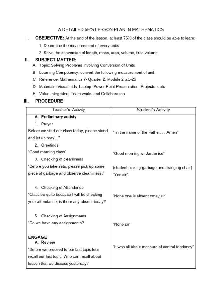 5E's Lesson Plan: Unit Conversion in Math | PDF | Litre | Pint