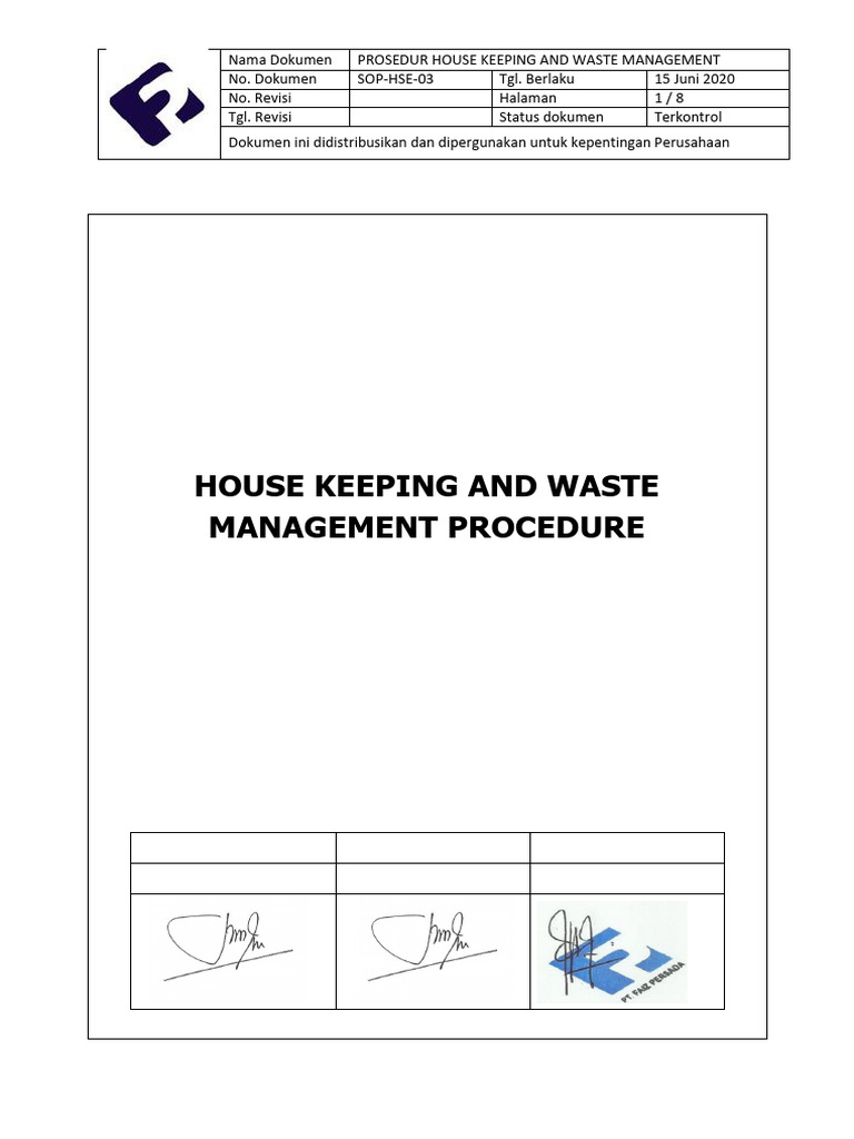 SOP-HSE-03 Procedure House Keeping and Waste Management | PDF