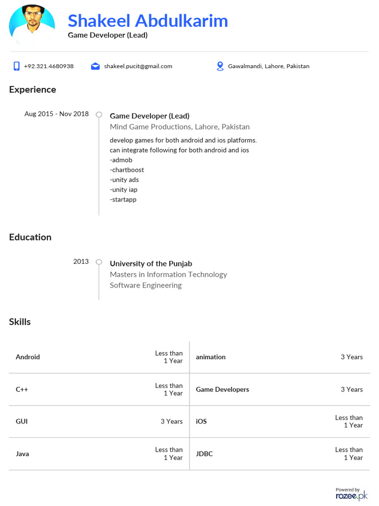 Game Developer CV: Shakeel Abdulkarim | PDF