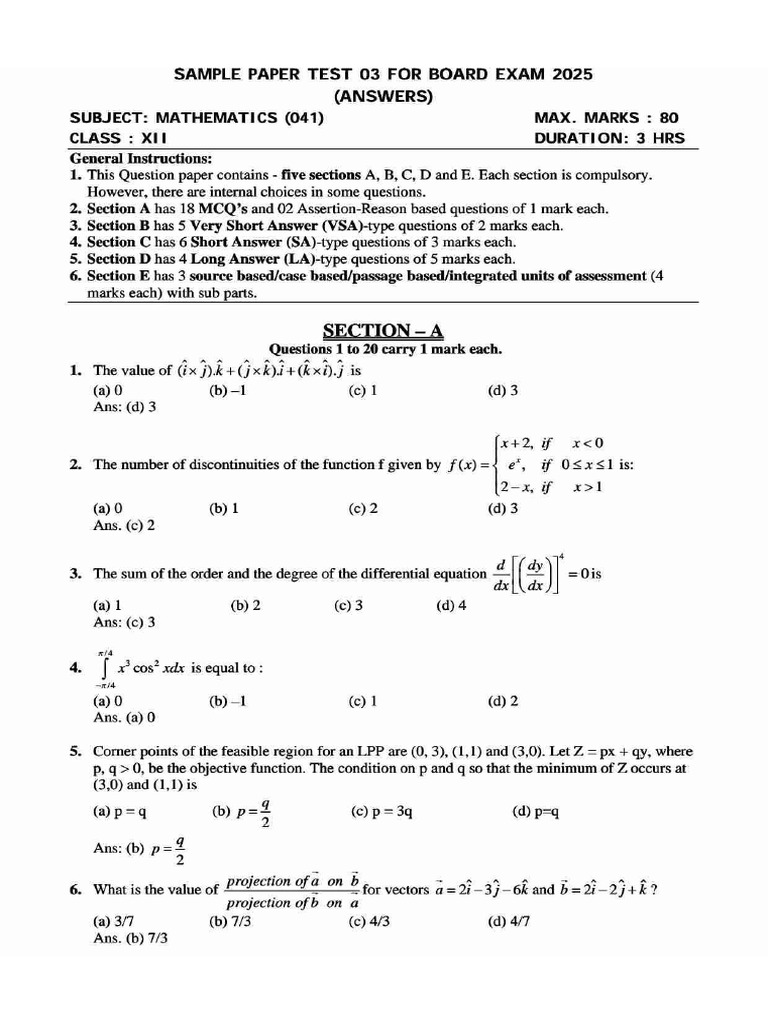 12th Maths Paper - 3 Answer Key | PDF