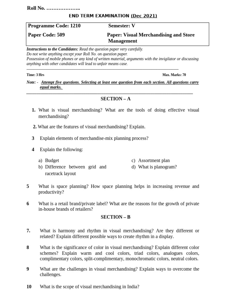 Visual Merchandising Exam Questions | PDF