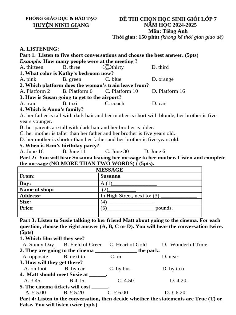 Đề HSG Anh 7 Sách mới 2024 -2025 có nghe (1).doc | PDF
