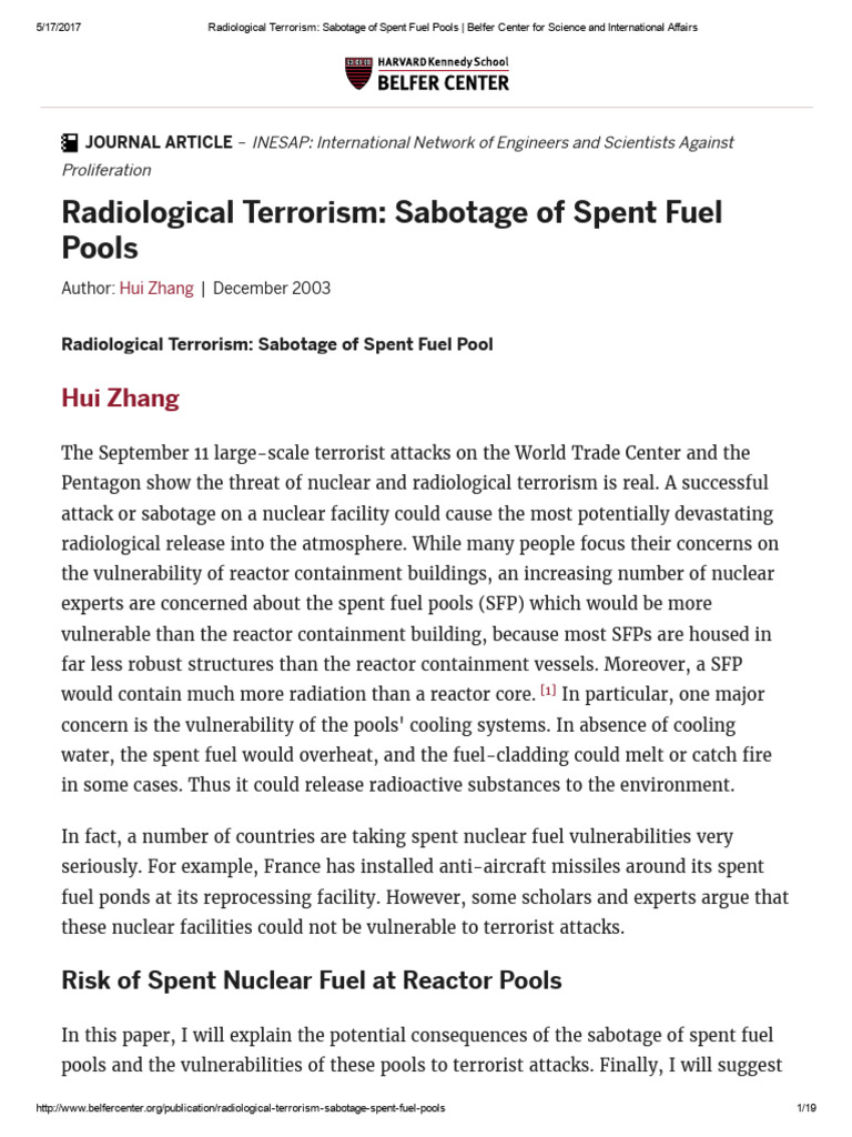 Radiological Terrorism - Sabotage of Spent Fuel Pools - Belfer Center ...