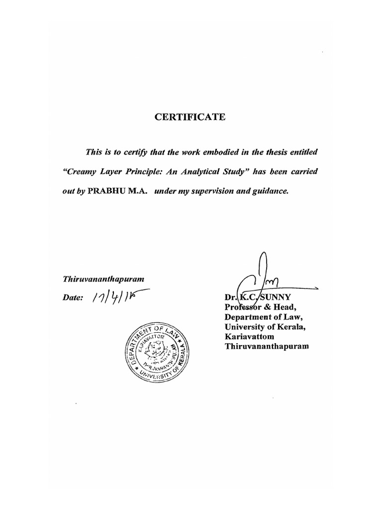 Creamy Layer Principle Thesis Certificate | PDF