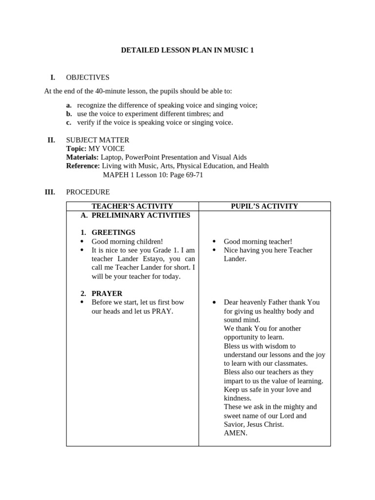 Detailed Lesson Plan in Music 1 | PDF | Singing | Lesson Plan