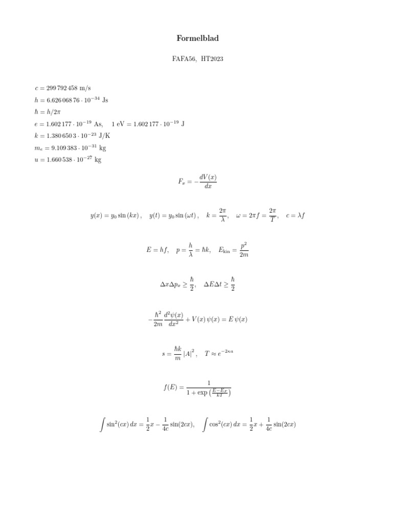 Formelblad Teknisk Fysik LTH | PDF