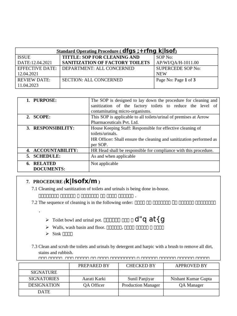Sop For Cleaning and Sanitization of Factory Toilets | PDF | Toilet ...
