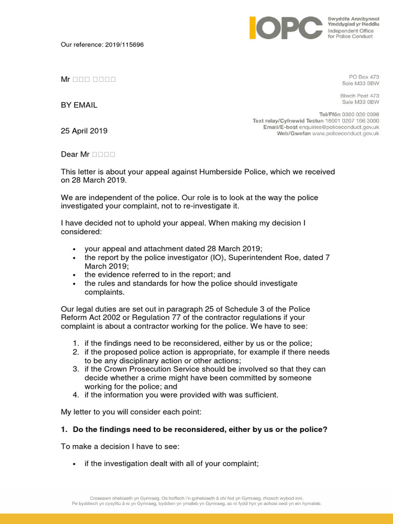 IOPC Decision Letter 25 April 19 | PDF | Prosecutor | Public Law