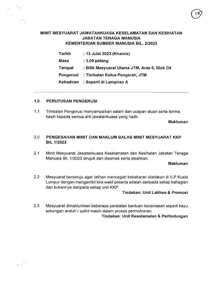 Minit Mesyuarat Jk Keselamatan Dan Kesihatan Jtm Ksm Bil 2_2023 (1) | PDF