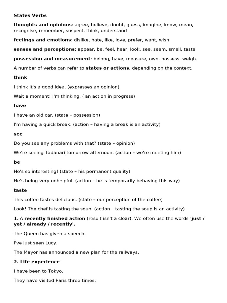 Understanding State and Action Verbs | PDF | Perception | Feeling