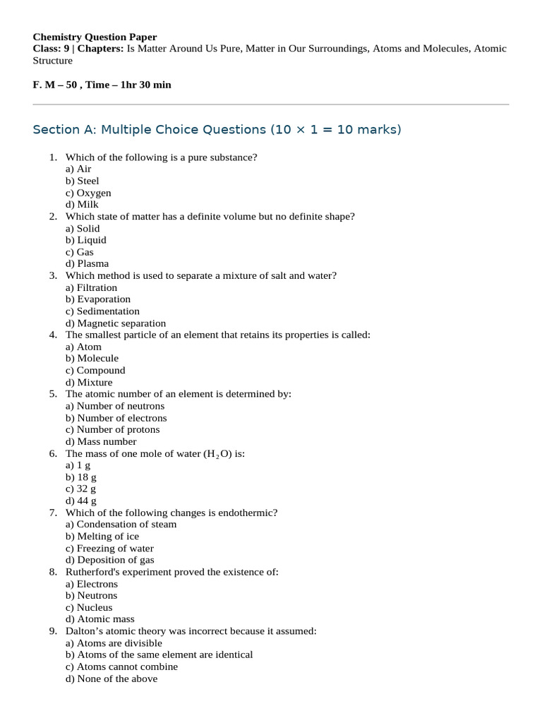 Section A: Multiple Choice Questions (10 × 1 10 Marks) : Chemistry ...