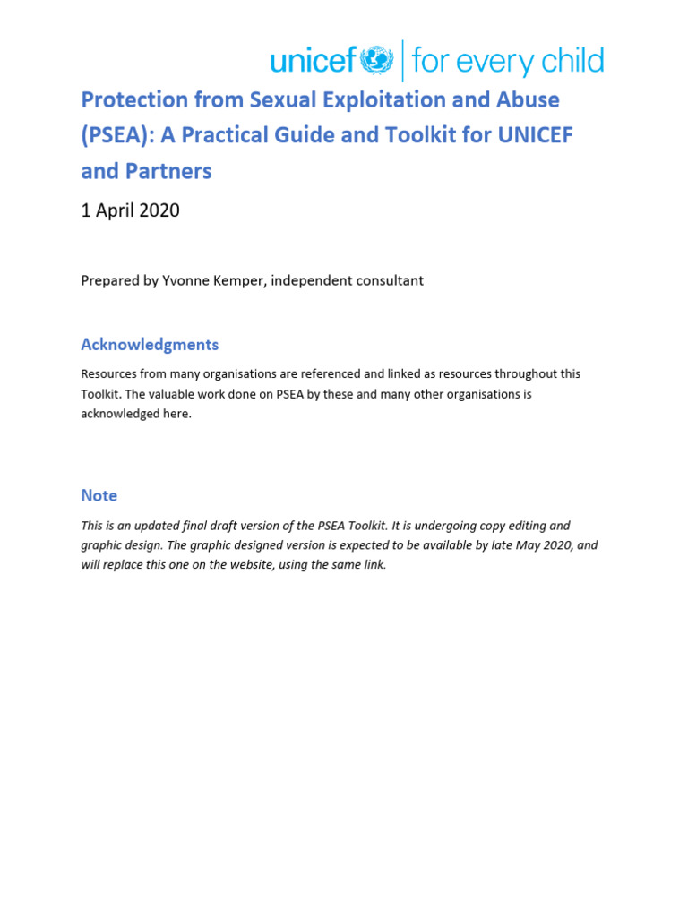 PSEA Toolkit Jan 20 2020 | PDF | Policy | Unicef