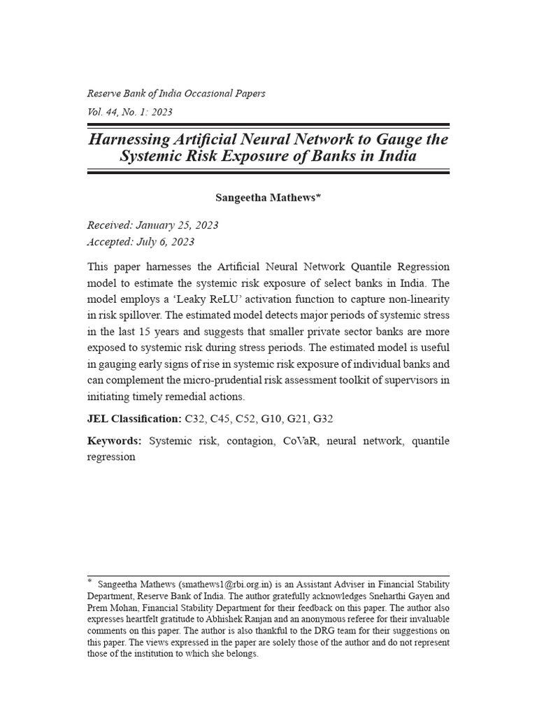 Harnessing Artificial Neural Network To Gauge The Systemic Risk Exposure of Banks in India | PDF ...