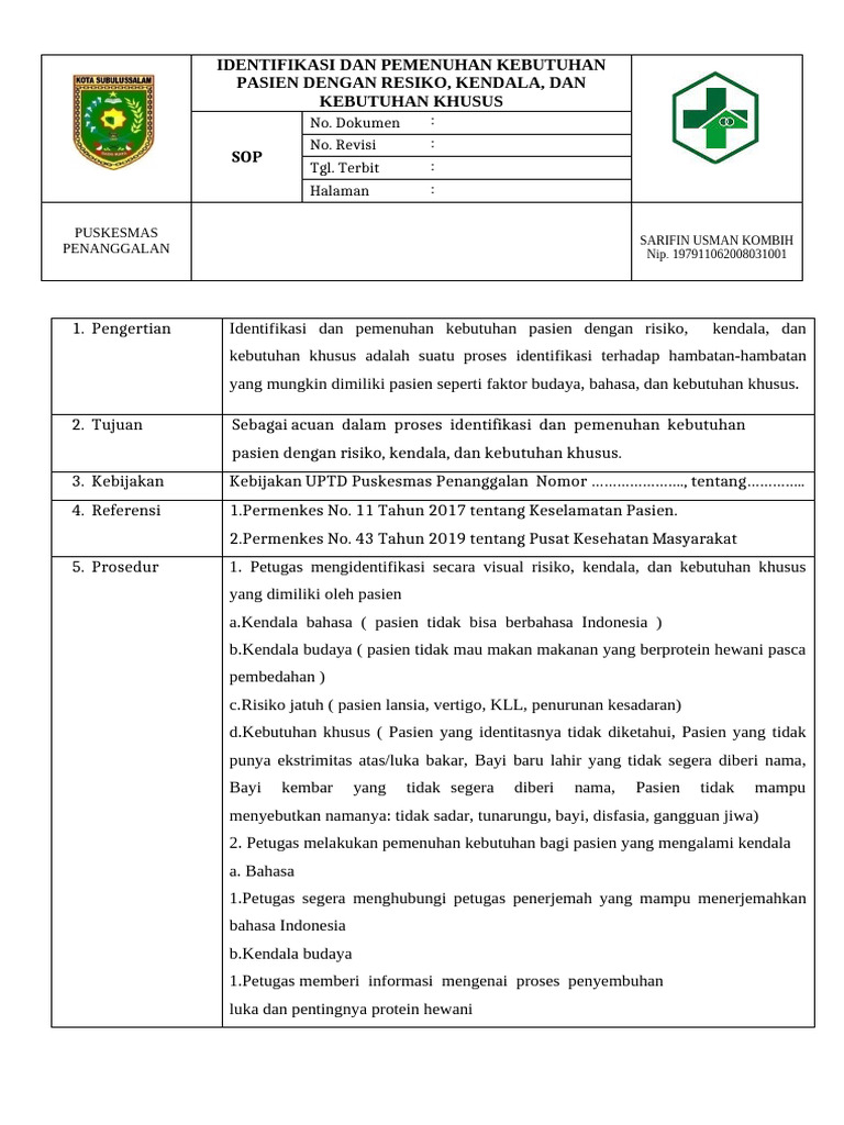 SOP Identifikasi dan pemenuhan Kebutuhan Pasien dengan resiko, kendala, dan kebutuhan Khusus (1 ...