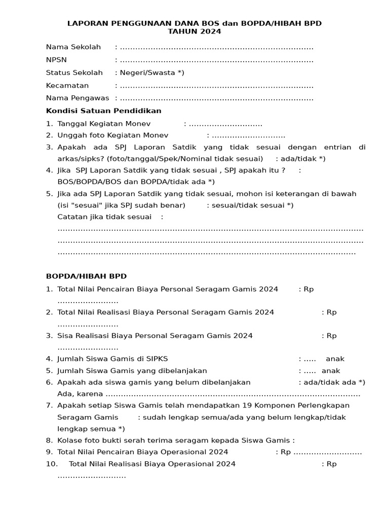 Laporan Penggunaan Dana BOS dan BOPDA 2024 | PDF