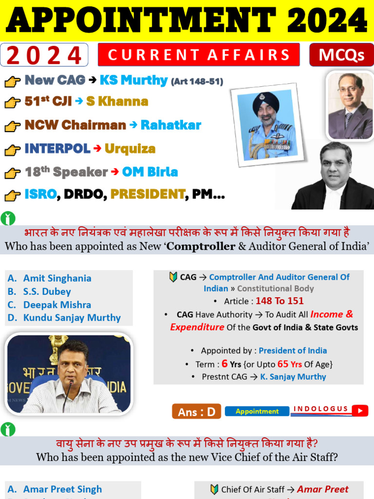Key Appointments in India 2024 | PDF | Government Of India
