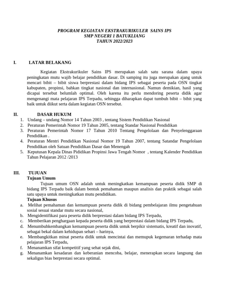 Program Kegiatan Ekstrakurikuler Sains Ips | PDF