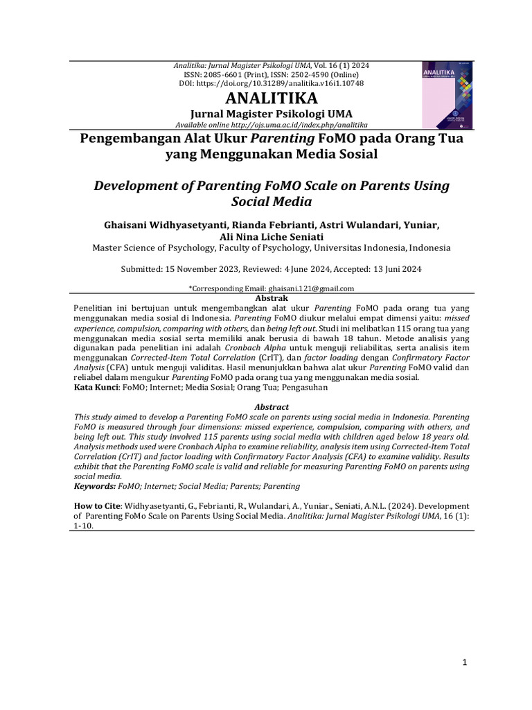 Parenting FoMO Scale Development Study | PDF | Parenting | Cronbach's Alpha