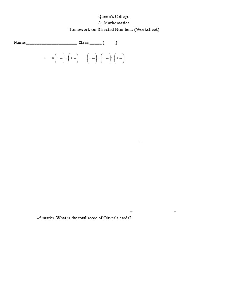 Directed Numbers Homework Worksheet | PDF
