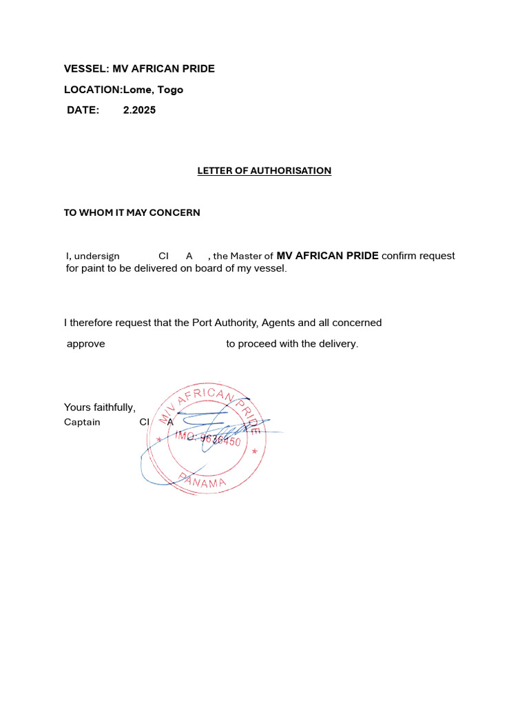 Loa MV African Pride - Oceanus | PDF