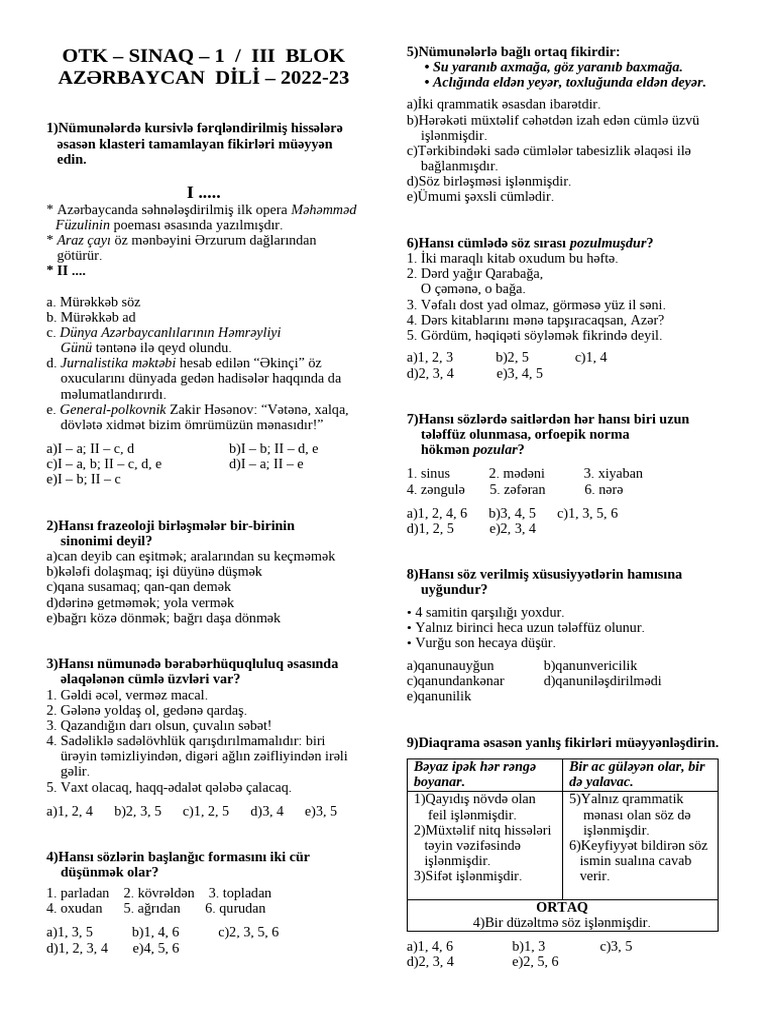 OTK - SINAQ - 1 - III BLOK - 2022-23 - AZ.DİLİ | PDF