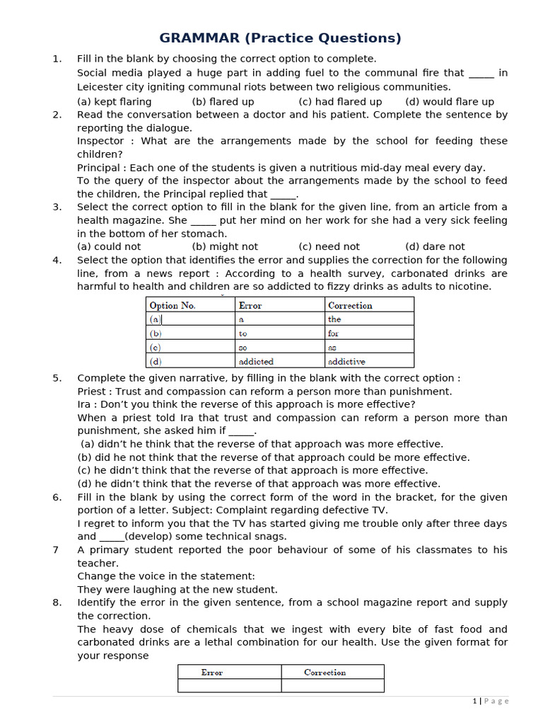 10th Grammar(50 Practice Questions) | PDF