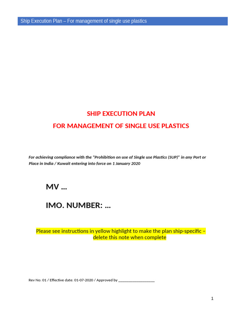 Ship's Execution Plan For Single Use Plastics | PDF | Plastic