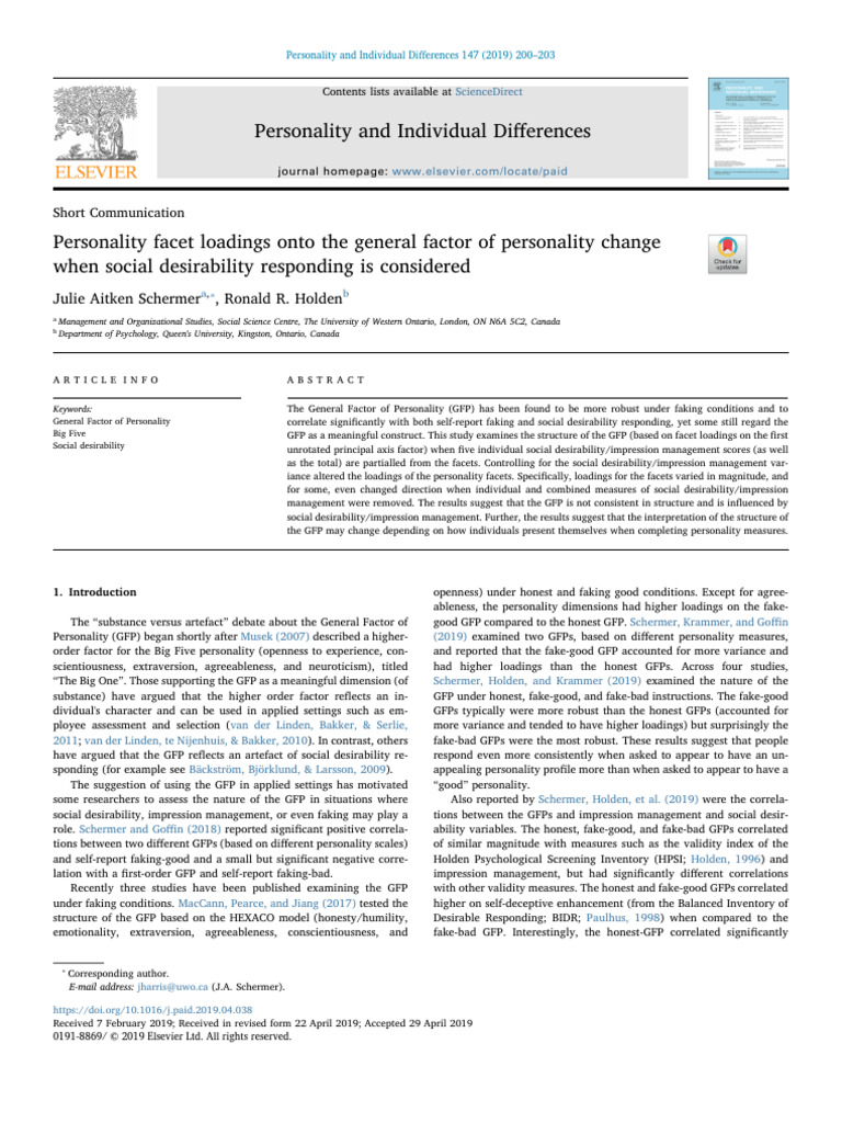 2019, Schremer, Personality Facet Loadings Onto The General Factor of ...