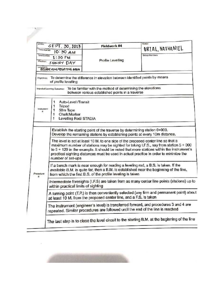 Surveying - Fieldwork 4 - Profile Levelling | PDF