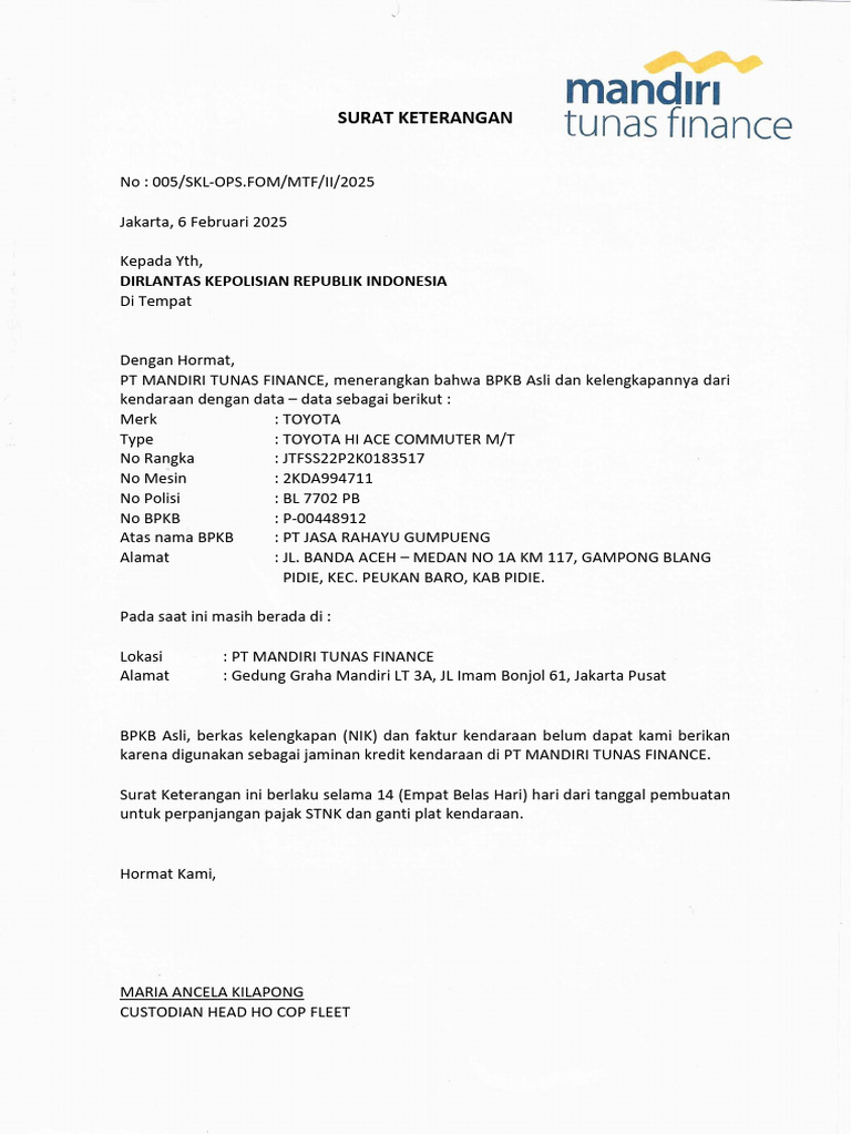 Surat Keterangan STNK Hiace BL 7702 PB | PDF