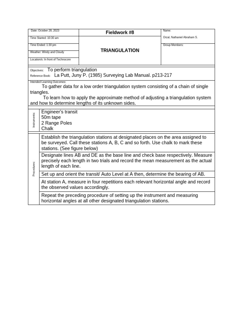 Triangulation Fieldwork Report | PDF | Surveying | Geometric Measurement