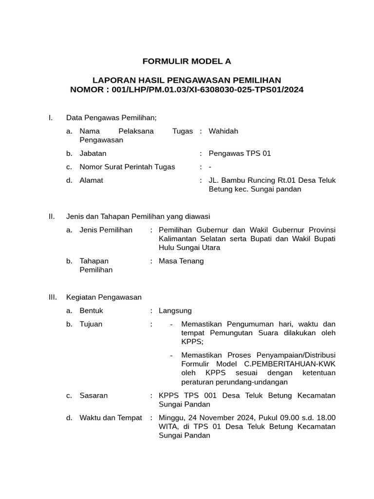 Form A PTPS 1 Teluk Betung | PDF
