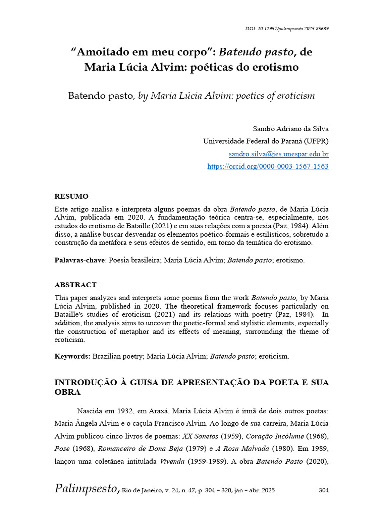SILVA, Sandro Adriano da. Amoitado em meu corpo Batendo pasto, de Maria Lúcia Alvim poéticas do ...