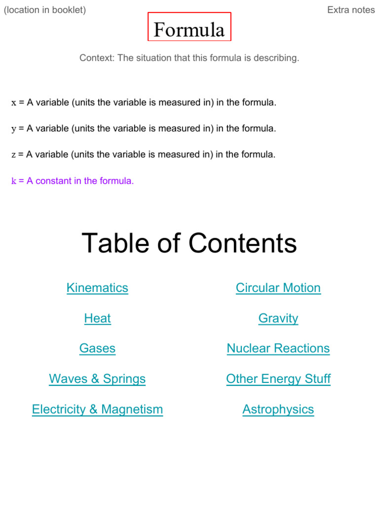 Physics Formula Explanations | PDF | Gases | Force