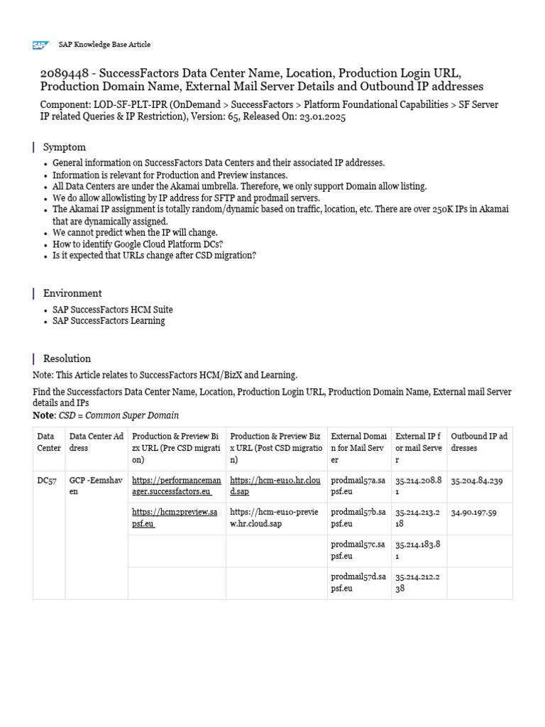 SuccessFactors Data Center Name Location Production Login Url | PDF ...