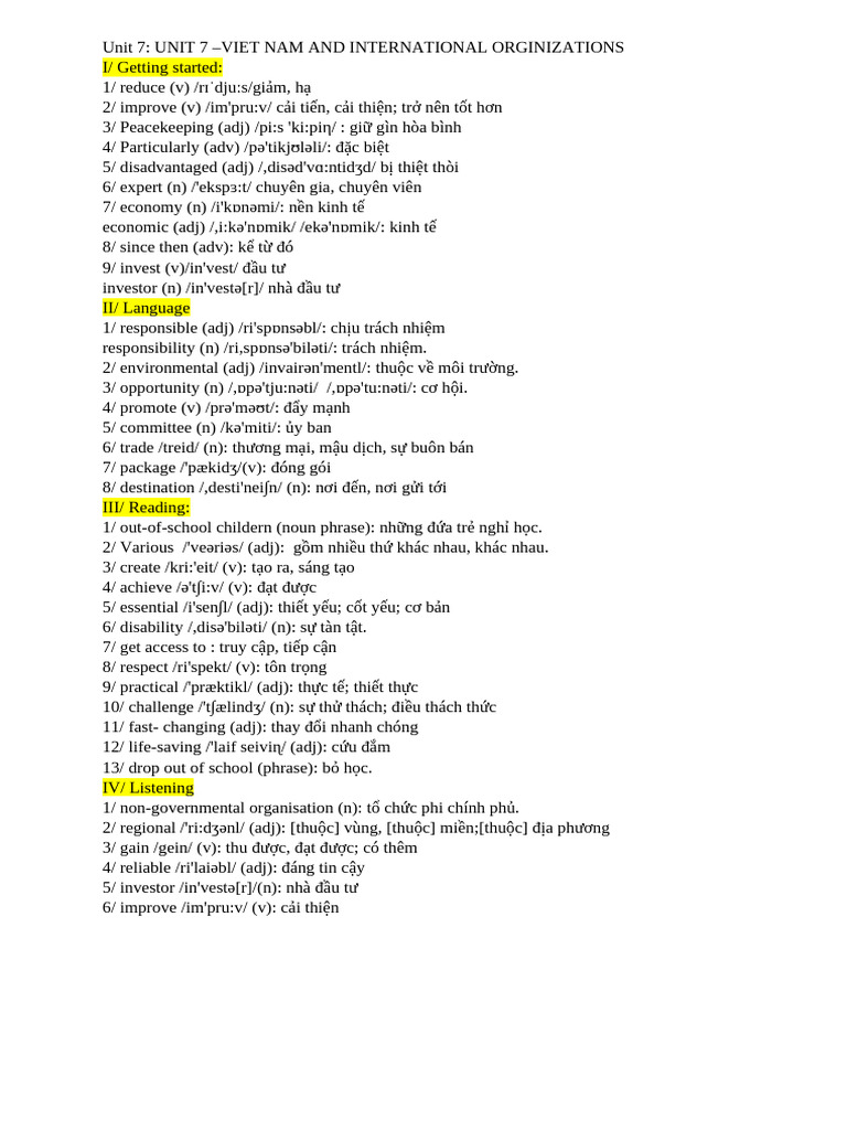 Unit 7 - Vietnam and International Organizations | PDF