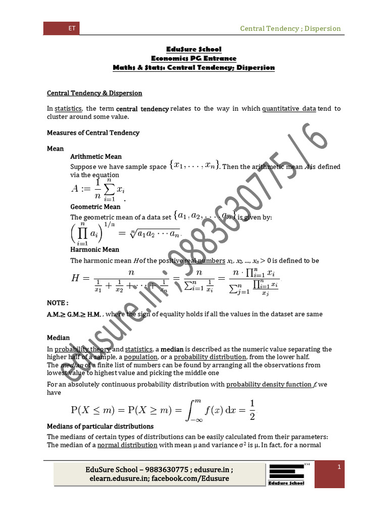Central Tendency Dispersion | PDF | Mean | Median