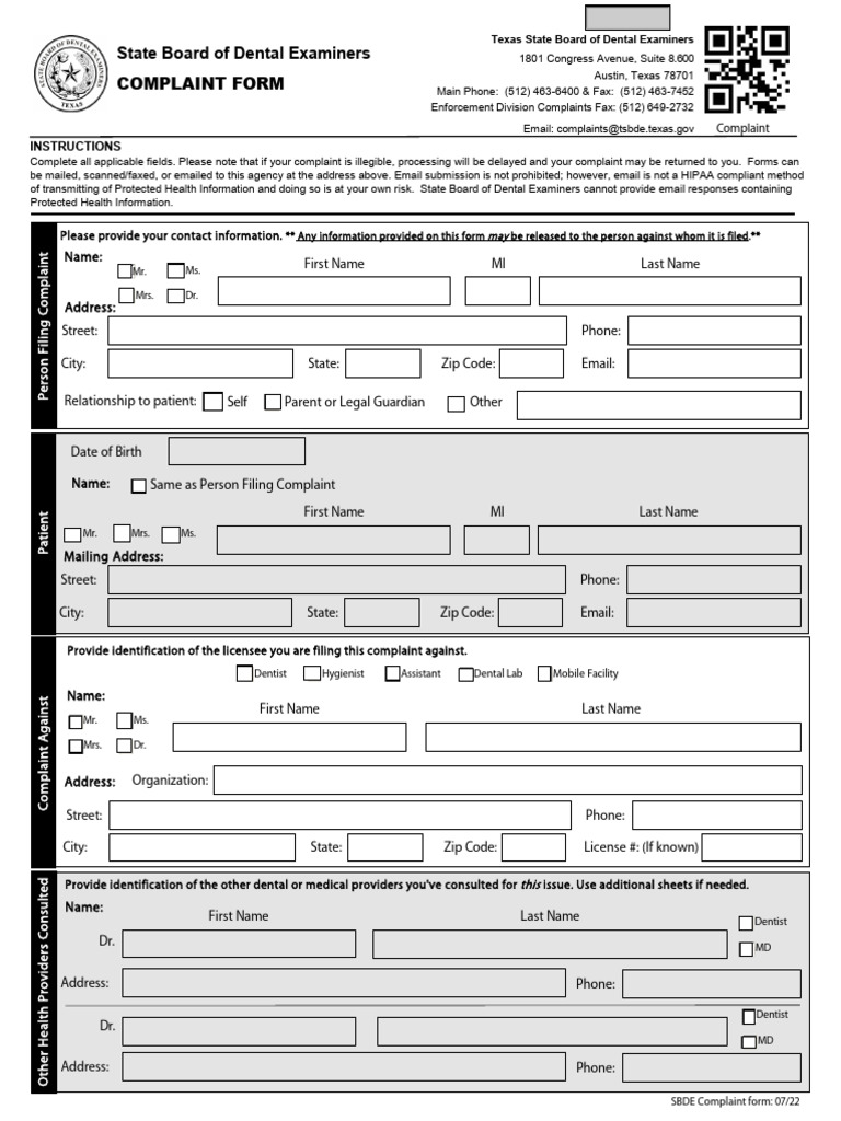 Texas Dental Complaint Form Guide | PDF | Dentist | Complaint