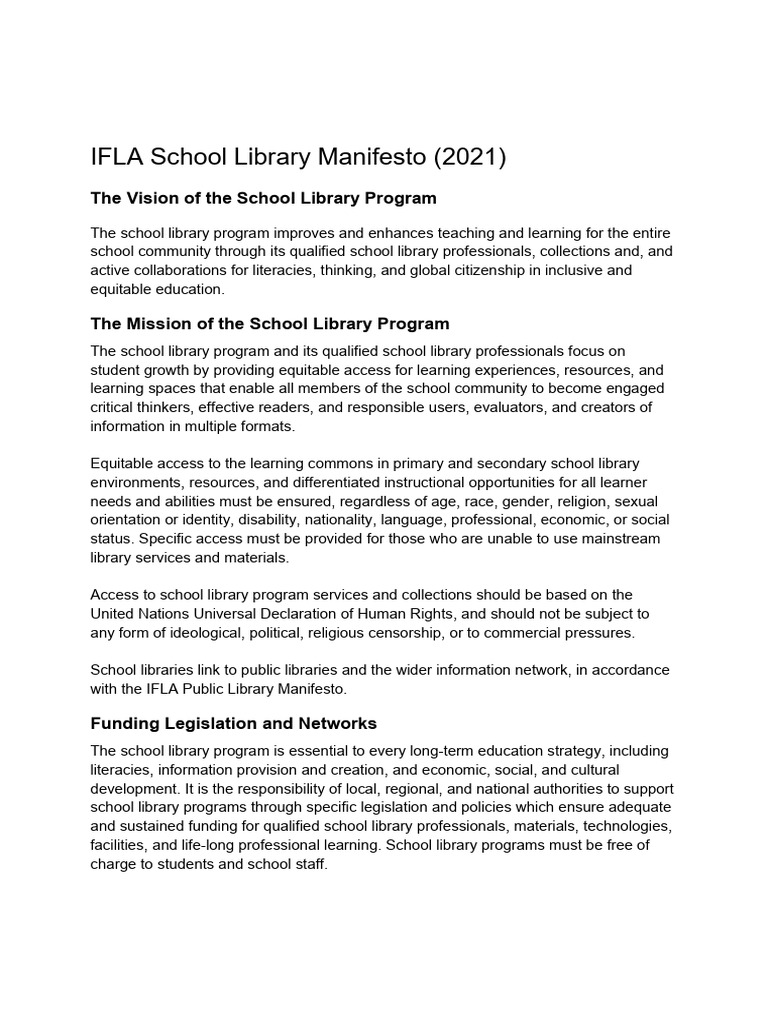 Ifla School Manifesto 2021 | PDF | School Library | Libraries